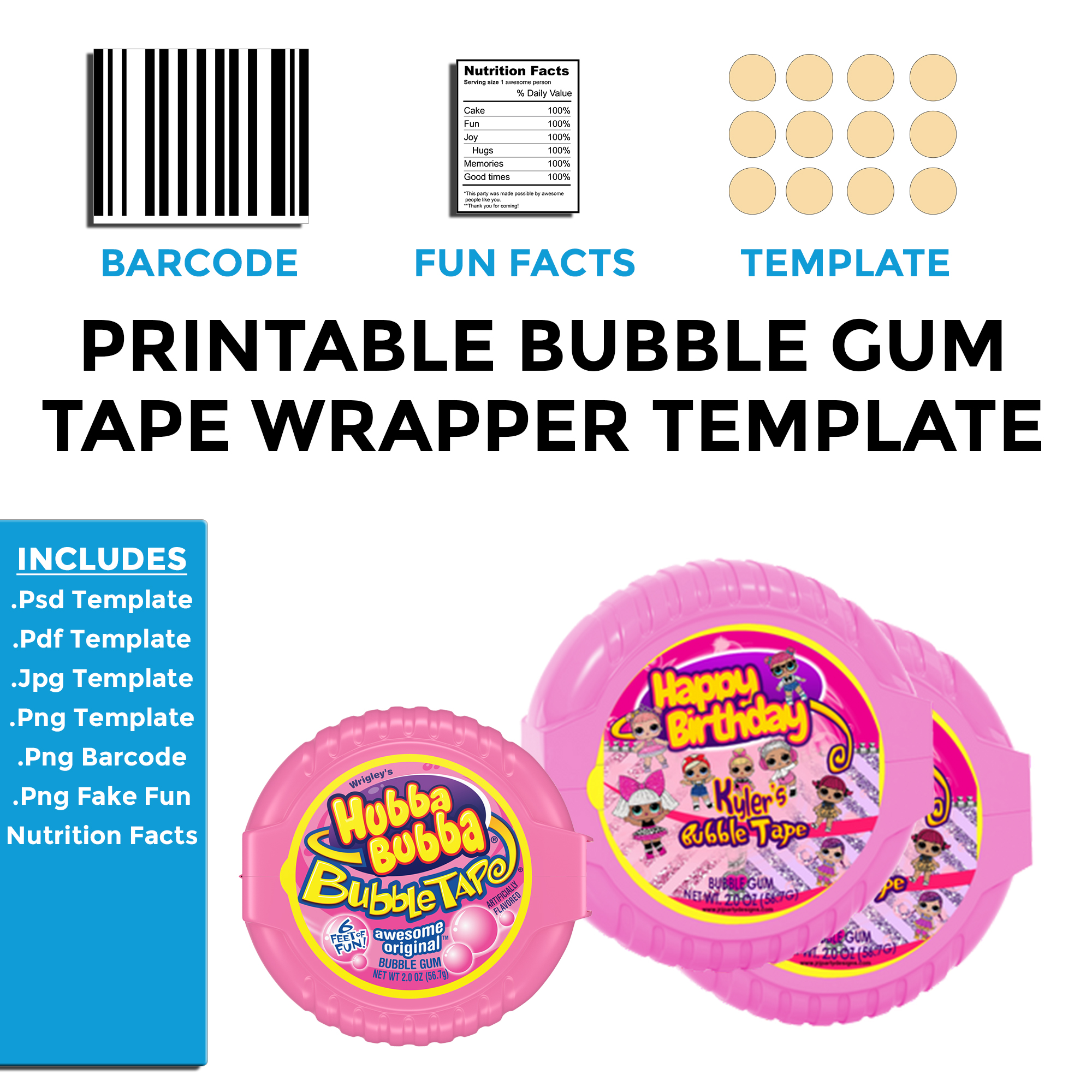 Buy Wrap Template For DIY Bubble Gum Tape Labels For Only $3.99 - Print ...